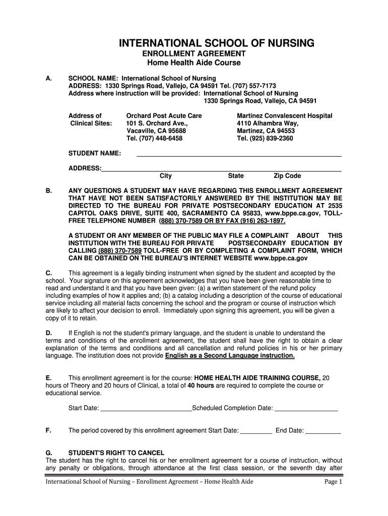 Fillable Online Enrollment Agreement (HHA) Vallejo International School ...