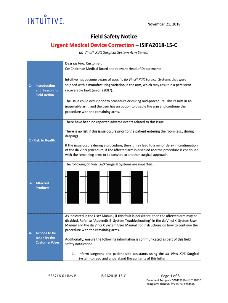 Fillable Online Class 2 Device Recall The da Vinci Xi Surgical System ...