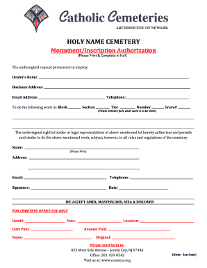 Fillable Online Monument/Inscription Authorization - rcancem.org Fax ...