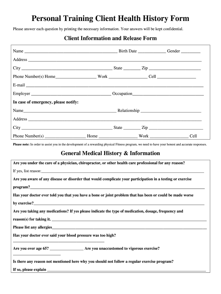 Fillable Online health history form - Personal Training Health History ...