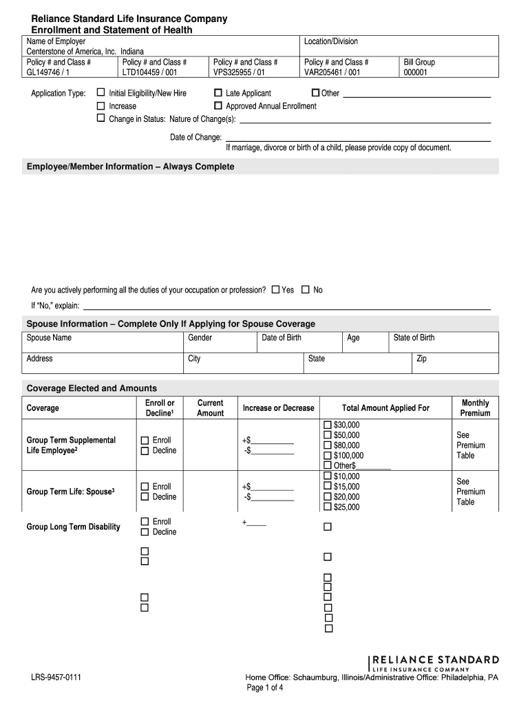 Fillable Online First Reliance Standard Life Insurance Company ...