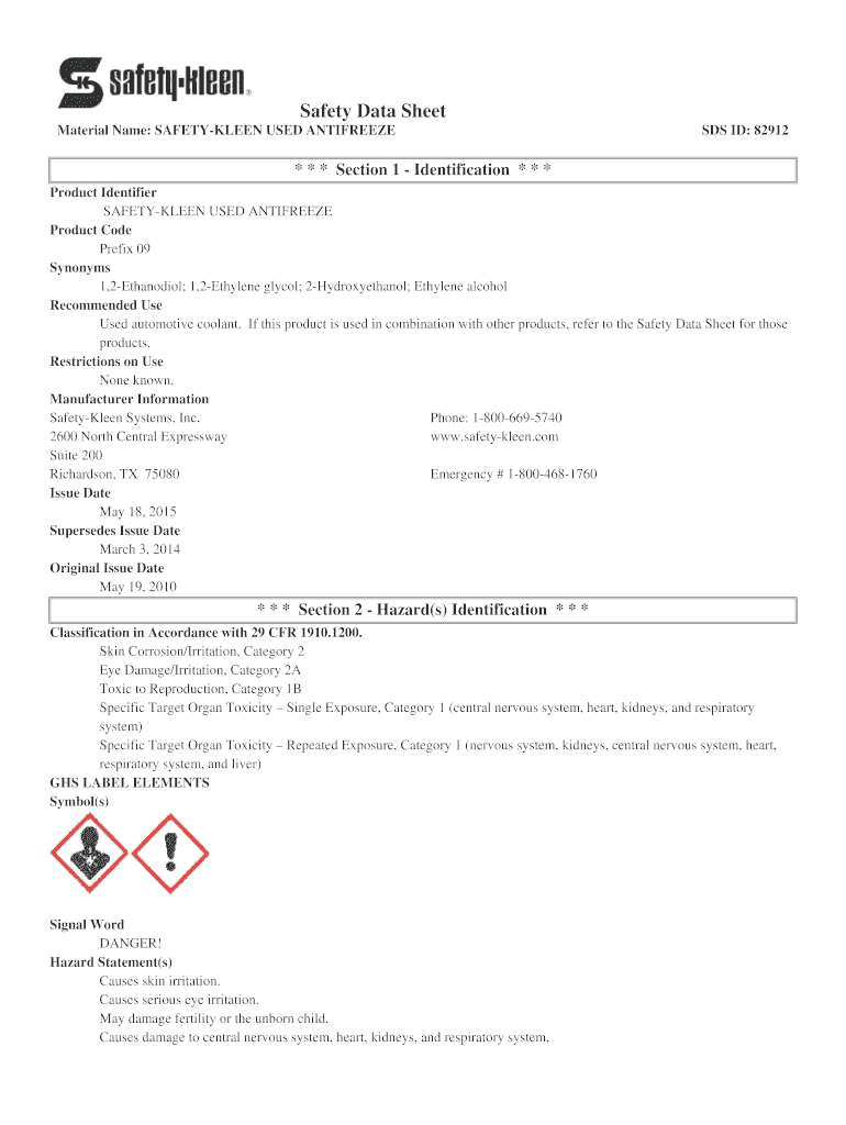 Fillable Online Safety Data Sheet Material Name: SAFETY-KLEEN USED ...