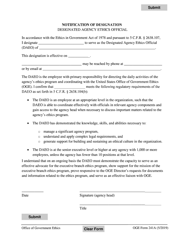 Fillable Online Notification of Designation Designated Agency Ethics ...