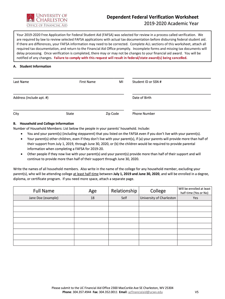 Fillable Online 2019-2020 V5 Dependent Verification Worksheet - University ... Fax Email Print ...