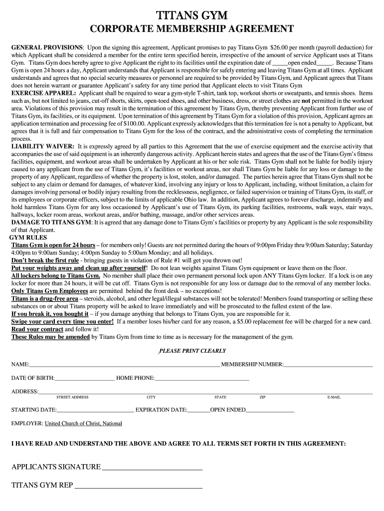 Fillable Online Gym Membership Contract Template - Download Free Sample ...
