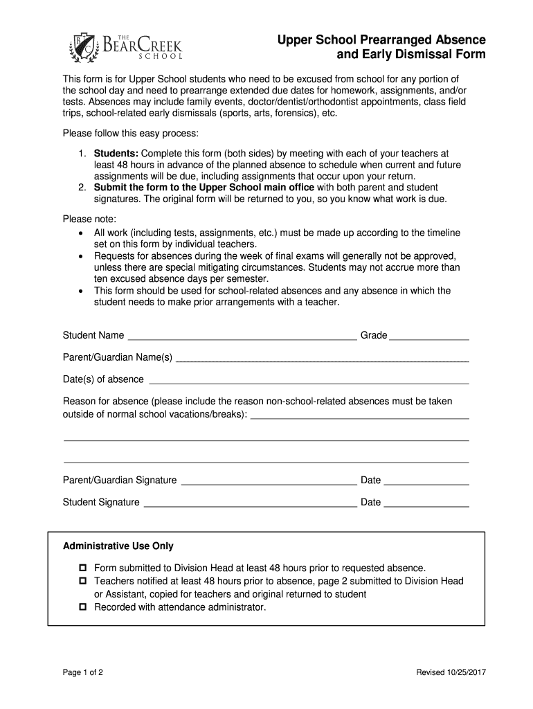 Fillable Online Upper School Prearranged Absence and Early Dismissal ...
