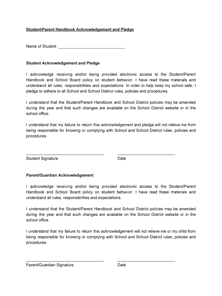 Fillable Online Student/Parent Handbook Acknowledgement and Pledge ... Fax Email Print - pdfFiller