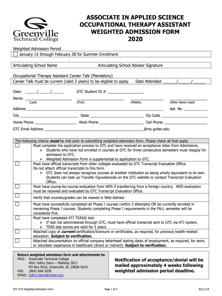 Fillable Online Occupational Therapy Assistant Weighted Admissions Form Fax Email Print - pdfFiller