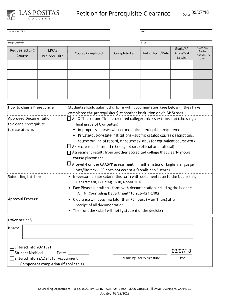 Fillable Online Petition for Prerequisite Clearance Date:- Las Positas ...
