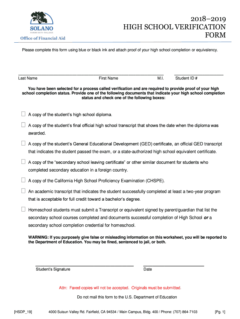 Fillable Online web solano High School Graduation Verification Form ...