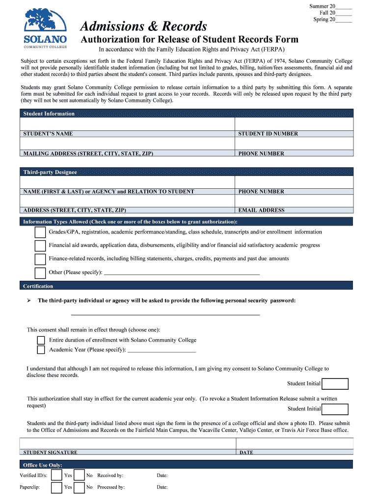 Fillable Online web solano Family Educational Rights and Privacy Act ...