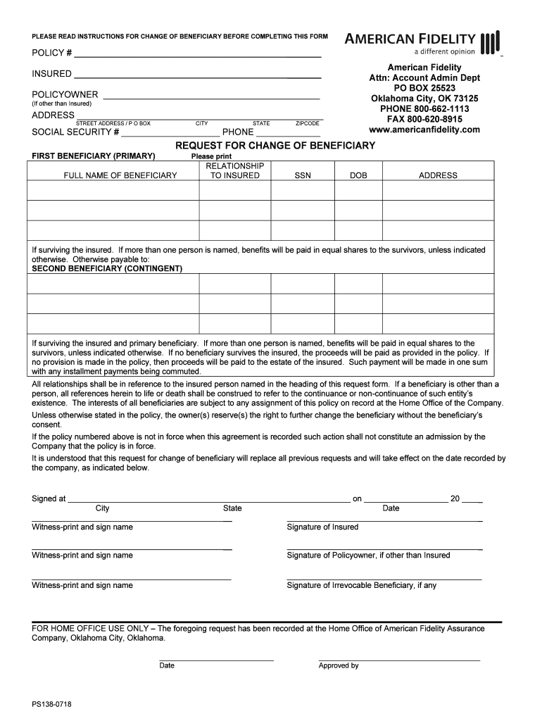 Fillable Online Instructions for Change of Beneficiary - American ...