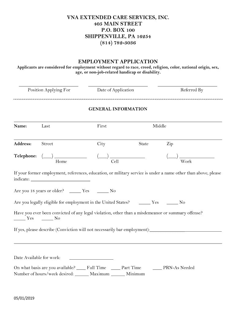 Fillable Online the VNA Extended Care Services Employment Application ...