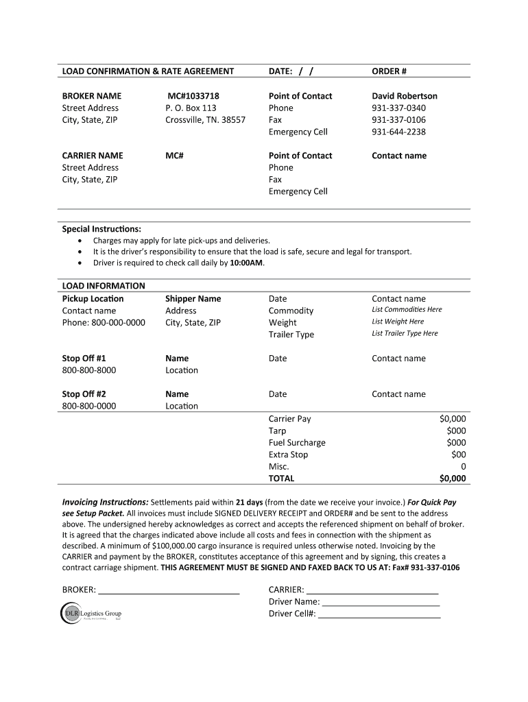 Fillable Online load confirmation & rate agreement - Template.net Fax ...