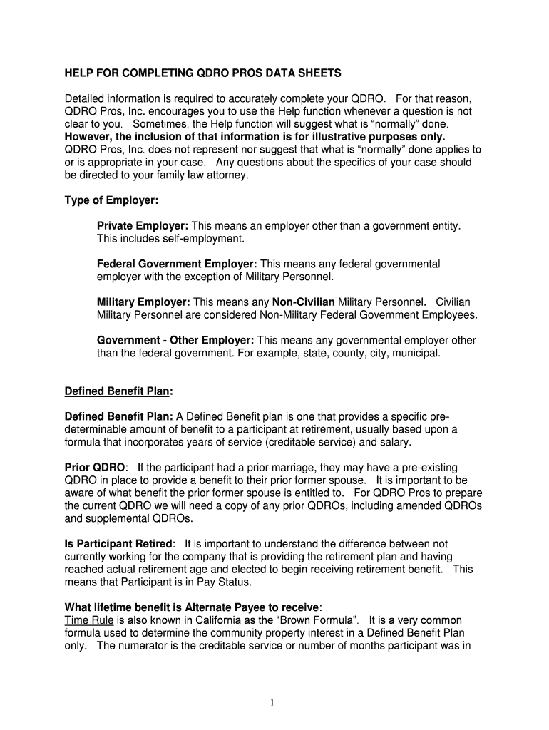 Fillable Online HELP FOR COMPLETING QDRO PROS DATA SHEETS ... Fax Email ...