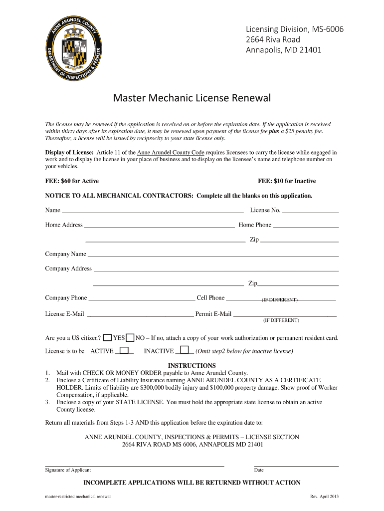 Fillable Online Master Plumber, Gas Fitter License Renewal Application ...