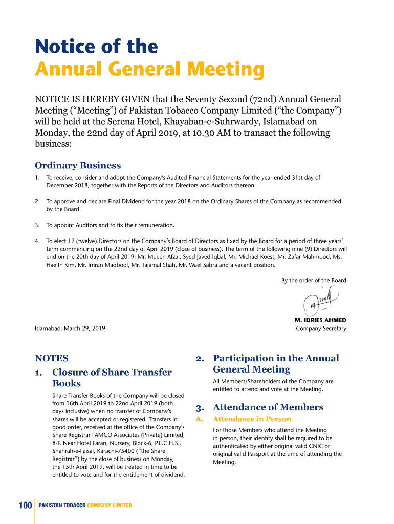 Fillable Online NOTICE IS HEREBY GIVEN that the Seventy Second (72nd) Annual General Fax Email ...