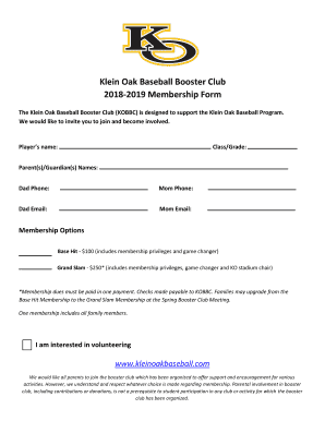 Fillable Online Klein Oak Baseball Booster Club 2018-2019 Membership ...