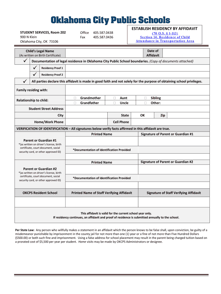 Fillable Online establish residency by affidavit - Oklahoma City Public Schools Fax Email Print ...