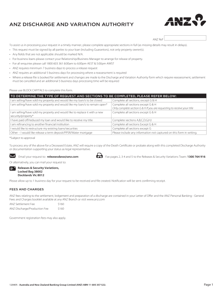 Fillable Online How to fill out the ANZ Discharge and Variation Authority form ... Fax Email ...