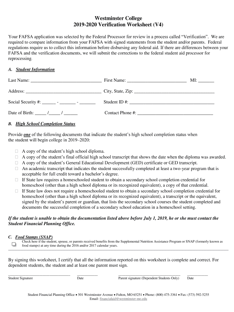 Fillable Online Westminster College 2019-2020 Verification Worksheet (V5) Fax Email Print ...