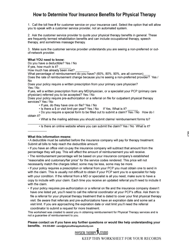 Fillable Online Insurance Worksheet - Pure Motion Physical Therapy Fax Email Print - pdfFiller