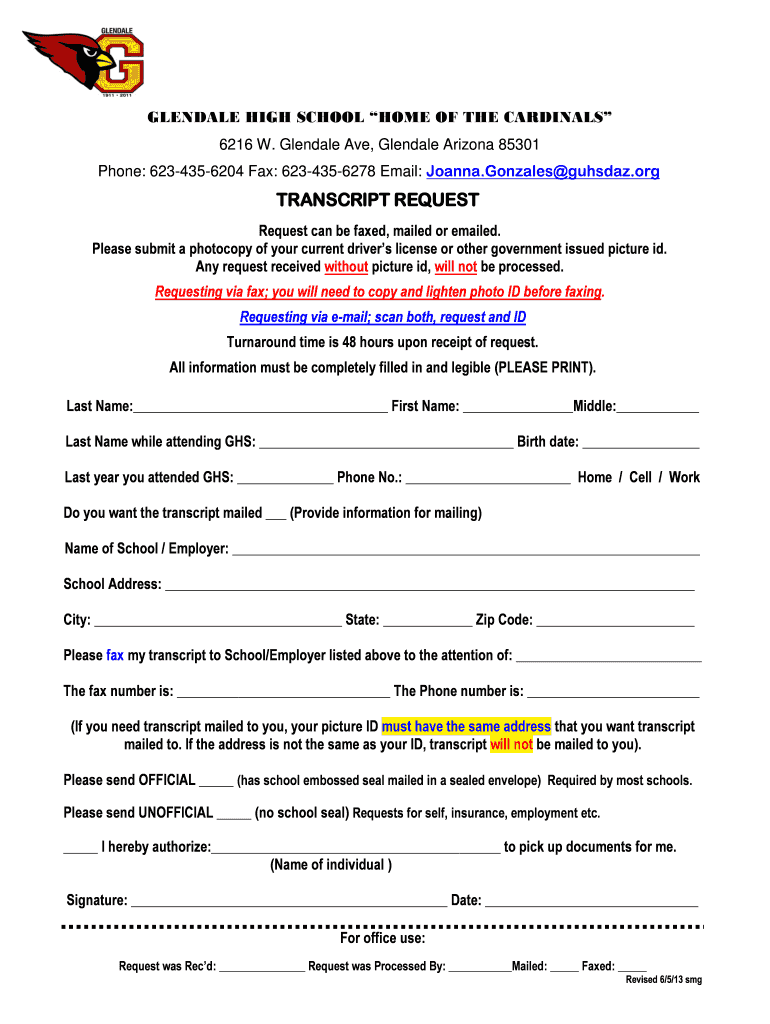 Fillable Online glendale guhsdaz Transcript Requests - Glendale High ...