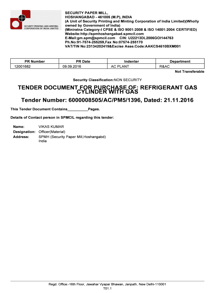 Fillable Online TENDER DOCUMENT FOR PURCHASE OF: REFRIGERANT GAS Fax ...