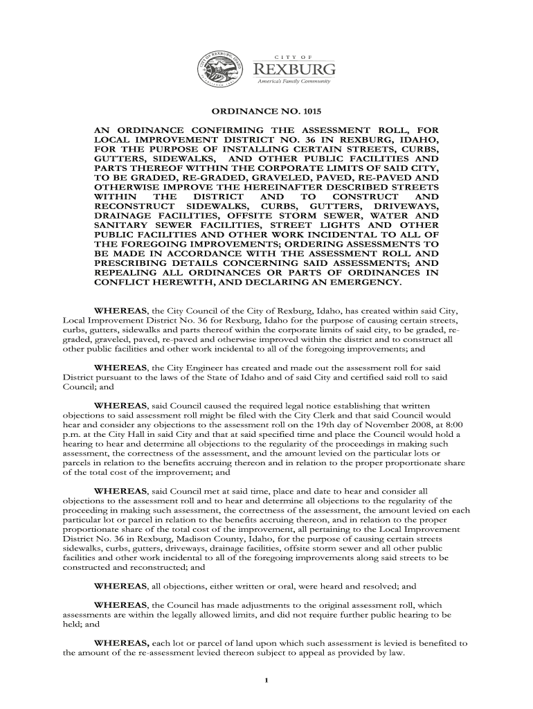 Fillable Online ordinance no. 1015 an ordinance confirming the ...