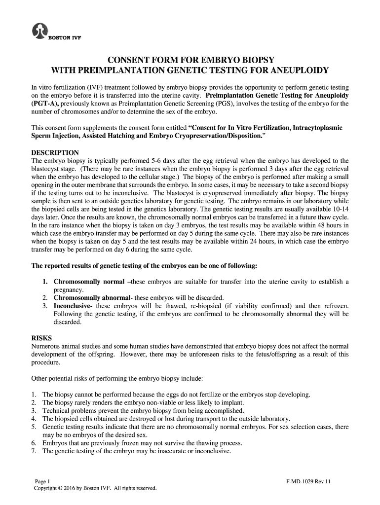 Fillable Online CONSENT FORM FOR EMBRYO BIOPSY Fax Email Print - pdfFiller