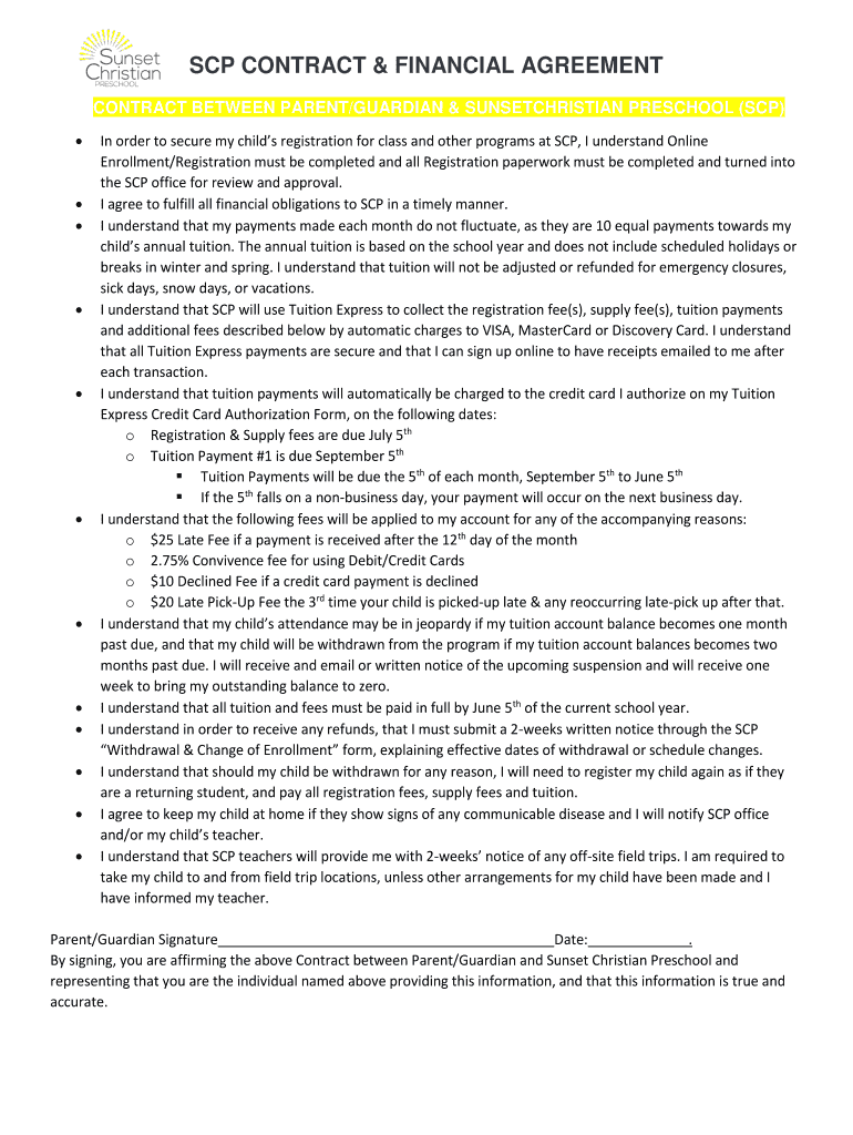 Fillable Online scp contract & financial agreement - Sunset Christian ...