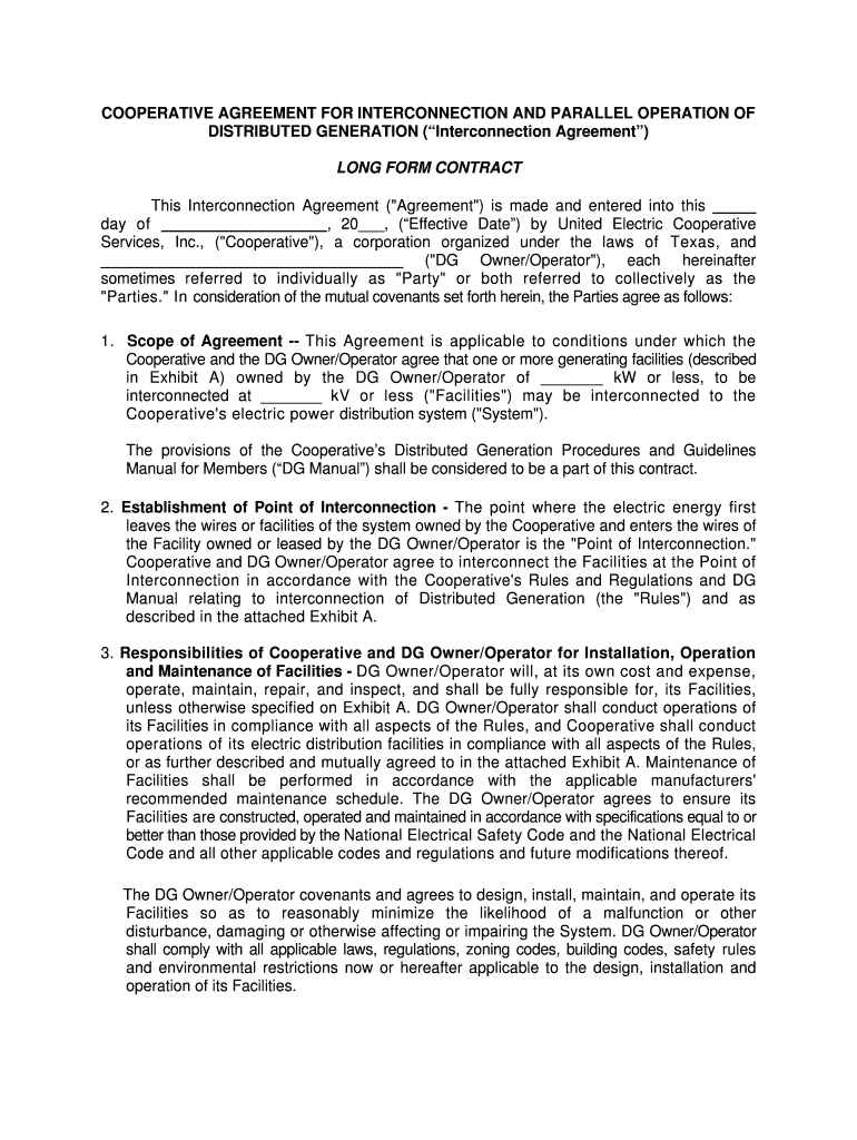Fillable Online COOPERATIVE AGREEMENT FOR INTERCONNECTION AND PARALLEL ...