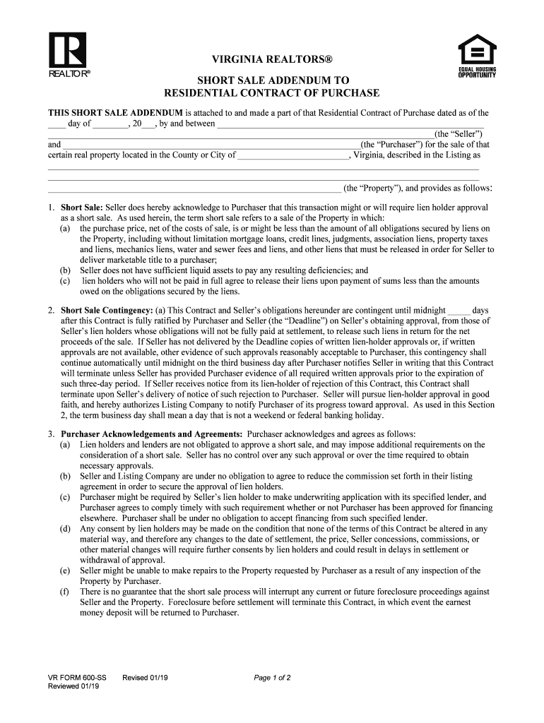Fillable Online Free Short Sale Addendum to Purchase Agreement - PDF ...