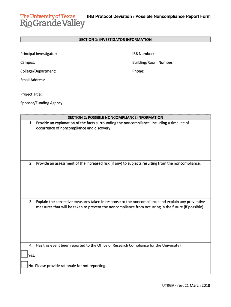 Fillable Online IRB Protocol Deviation / Possible Noncompliance Report Form Fax Email Print ...