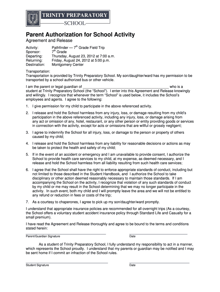 Fillable Online parent permission form for field trip participation - Queen of ... Fax Email ...