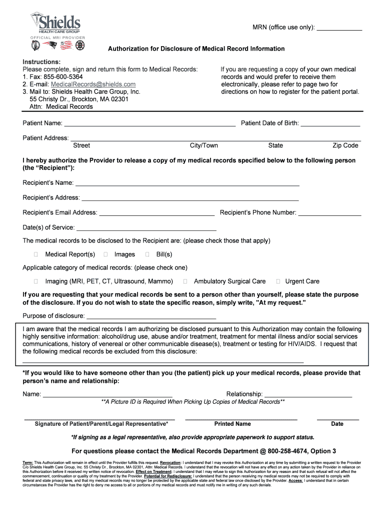 Fillable Online Authorization For Disclosure of Medical Record ...