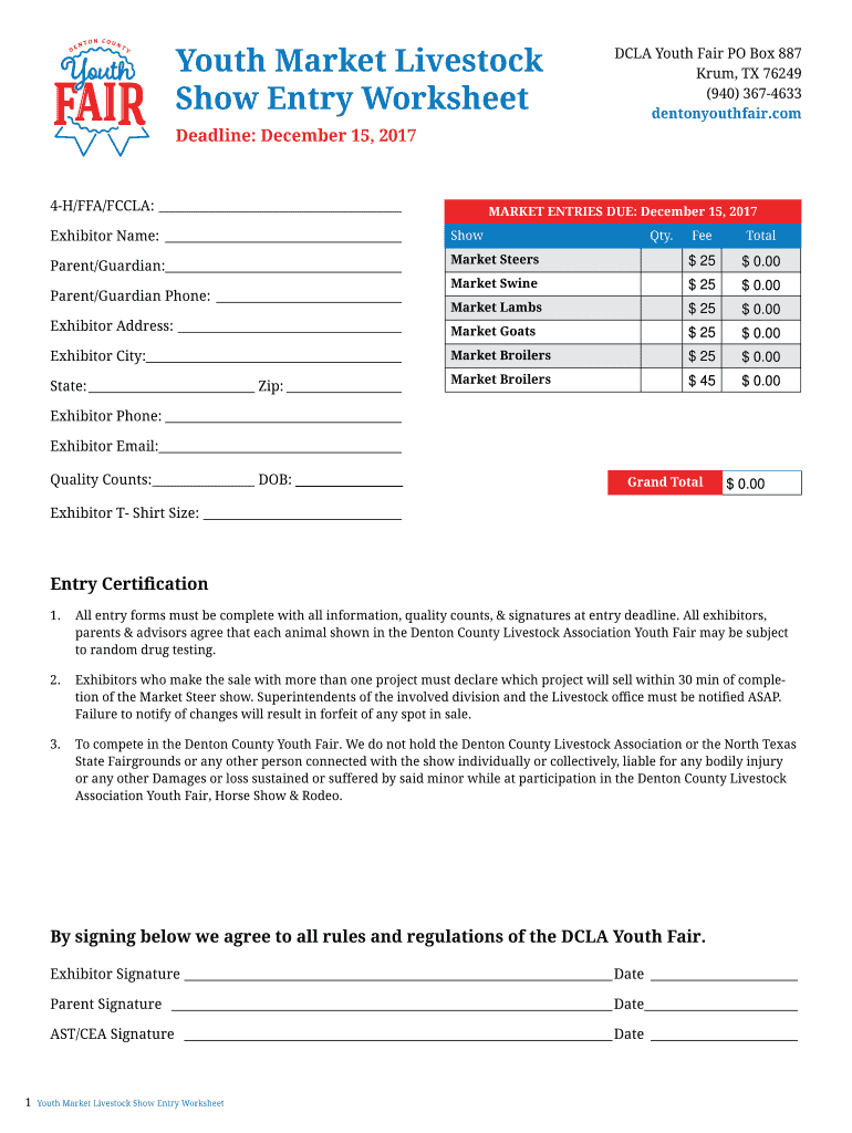 Fillable Online Youth Market Livestock Show Entry Worksheet - Denton ...