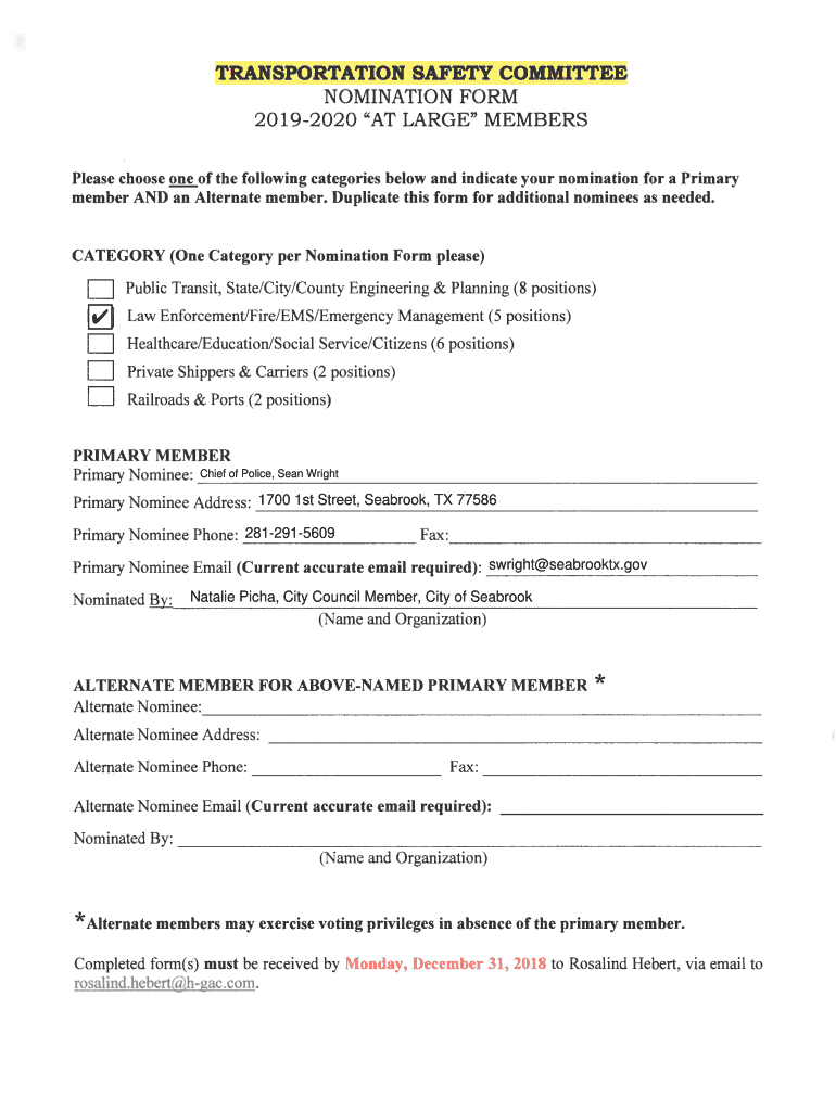 Fillable Online transportation safety committee nomination form 2019 ...