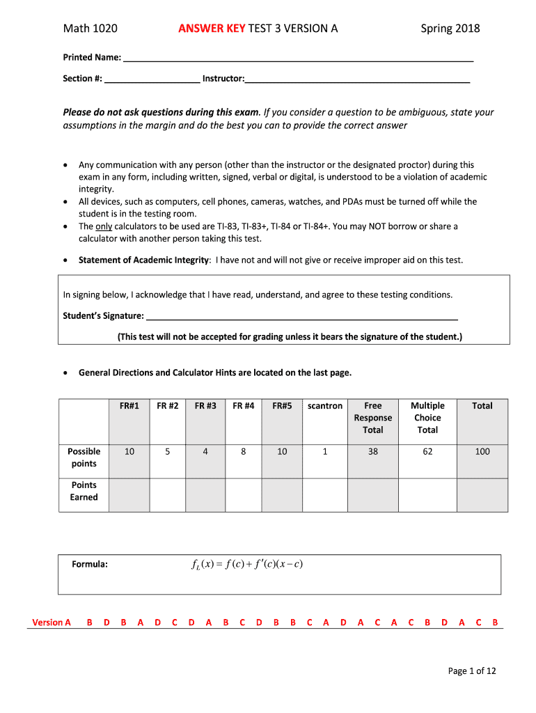 Fillable Online mthsc clemson Math 1020 ANSWER KEY TEST 3 VERSION A ...