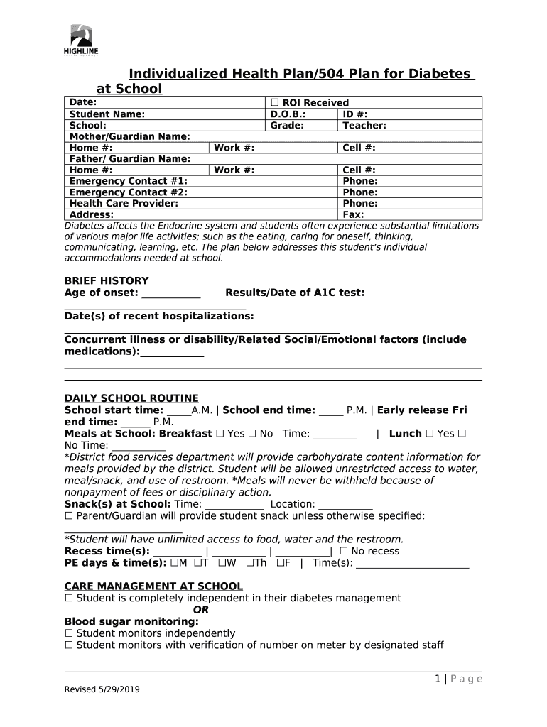 Individualized Health Plan 504 Plan For Diabetes At School Doc Template