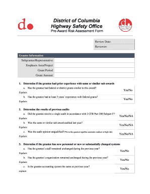 Fillable Online Pre-Award Risk Assessment Form - HSO DDOT Highway ...