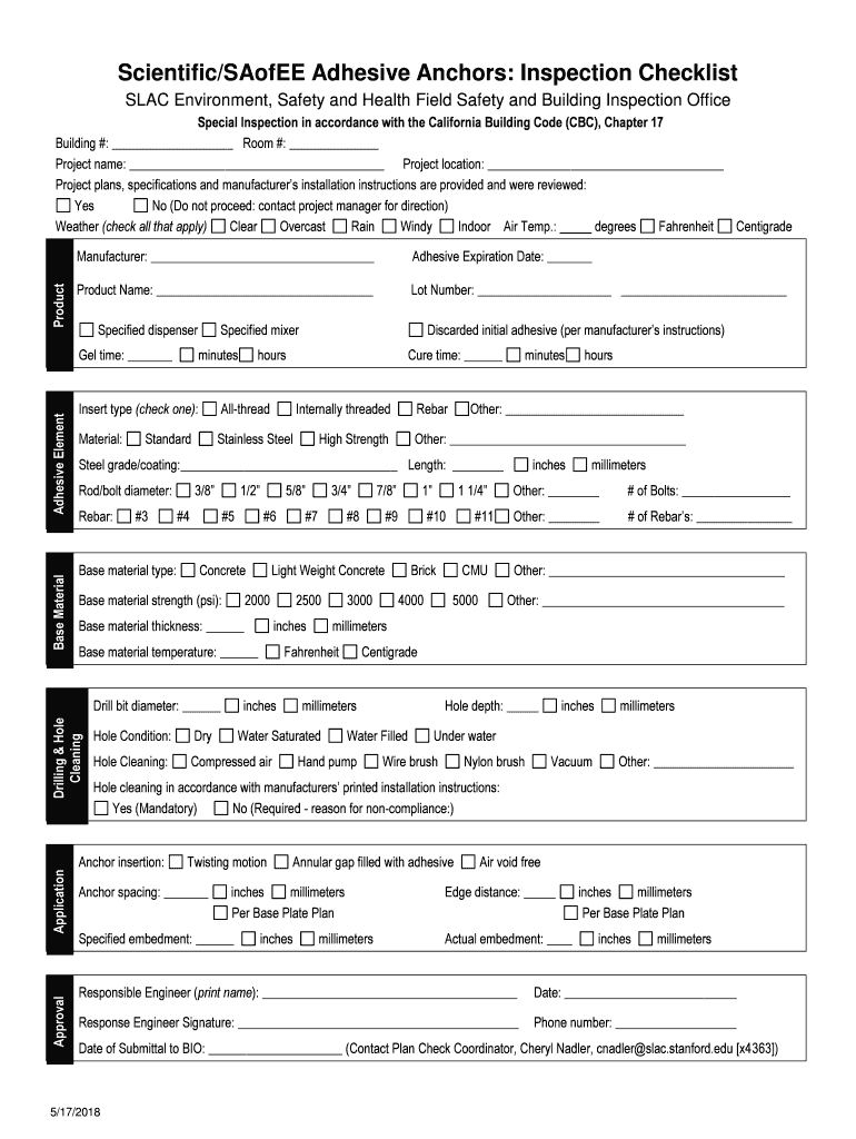 Fillable Online www-group slac stanford Adhesive Anchors Inspection ...