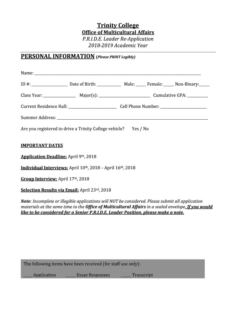 Fillable Online Trinity College PERSONAL INFORMATION (Please PRINT ... Fax Email Print - pdfFiller