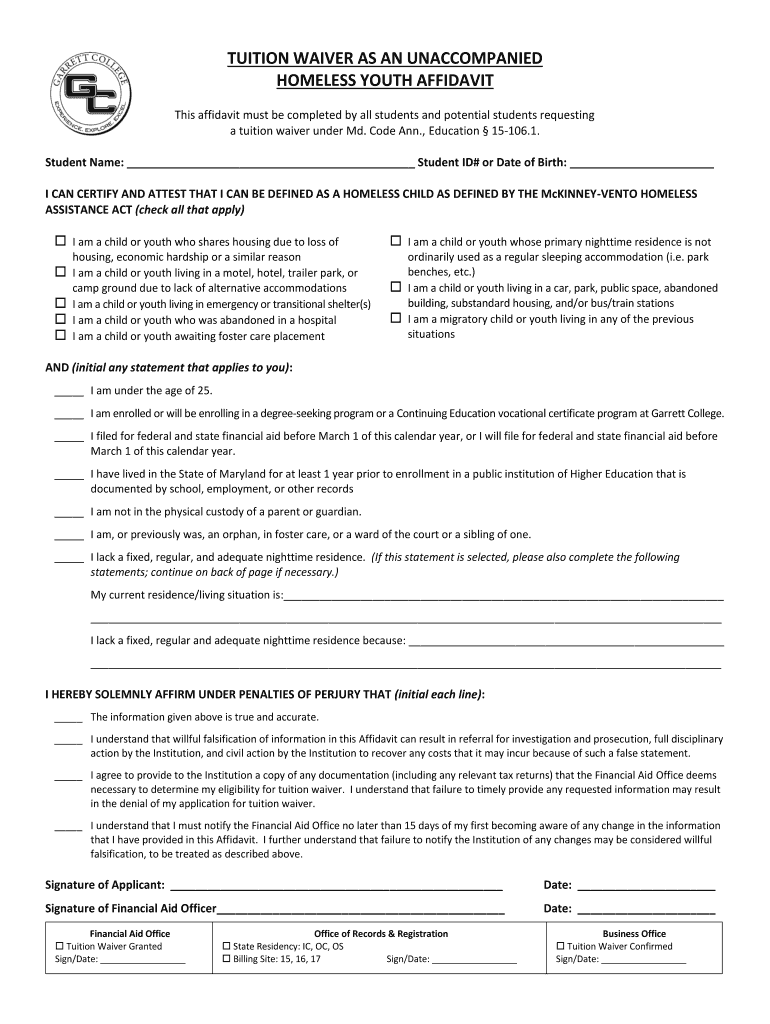 Fillable Online tuition waiver as an unaccompanied homeless youth ...
