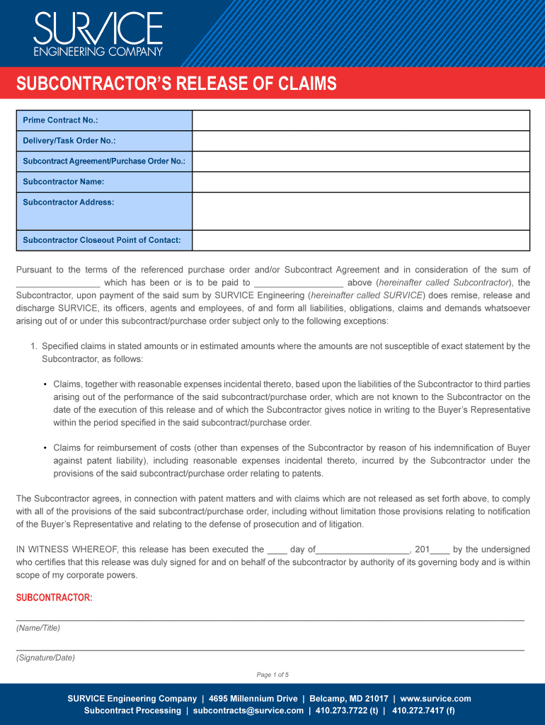 Subcontractor Release of Claims - Blank Fillable Template | Fill Out ...