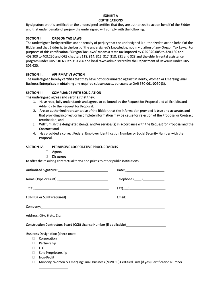 Fillable Online bid oregonstate THE UNDERSIGNED HEREBY CERTIFIES AND REQUESTS THE FOLLOWING ...