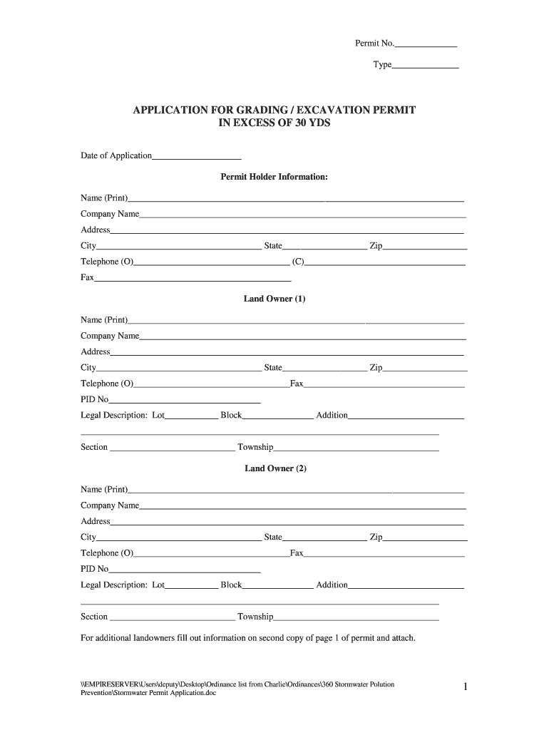 Fillable Online APPLICATION FOR GRADING / EXCAVATION PERMIT IN EXCESS ...