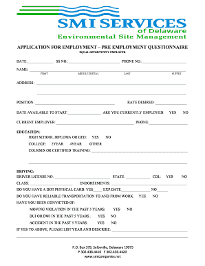 Fillable Online application for employment pre employment questionnaire ...