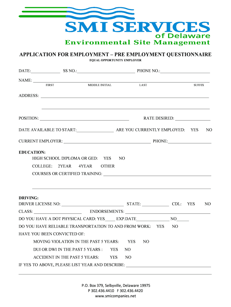 Fillable Online application for employment pre employment questionnaire ...