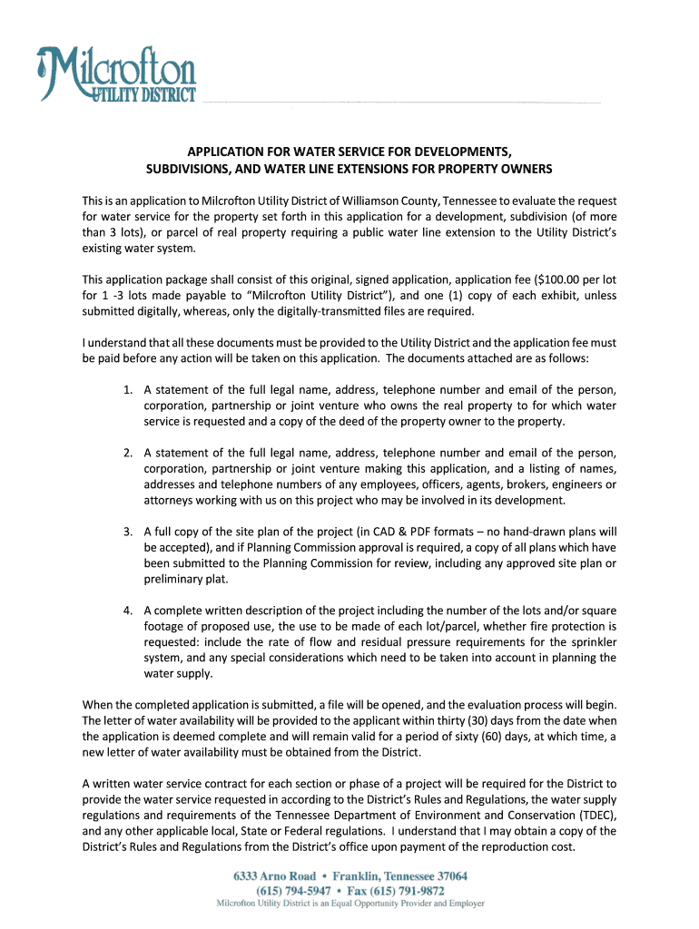 Fillable Online application for water service for developments ...